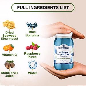 TrueSeaMoss Wildcrafted Irish Sea Moss Gel - Made with Dried Seaweed & Fresh Sea Vegetables, Seamoss - Made in USA (Blue Spirulina and Raspberry, Pack of 1)