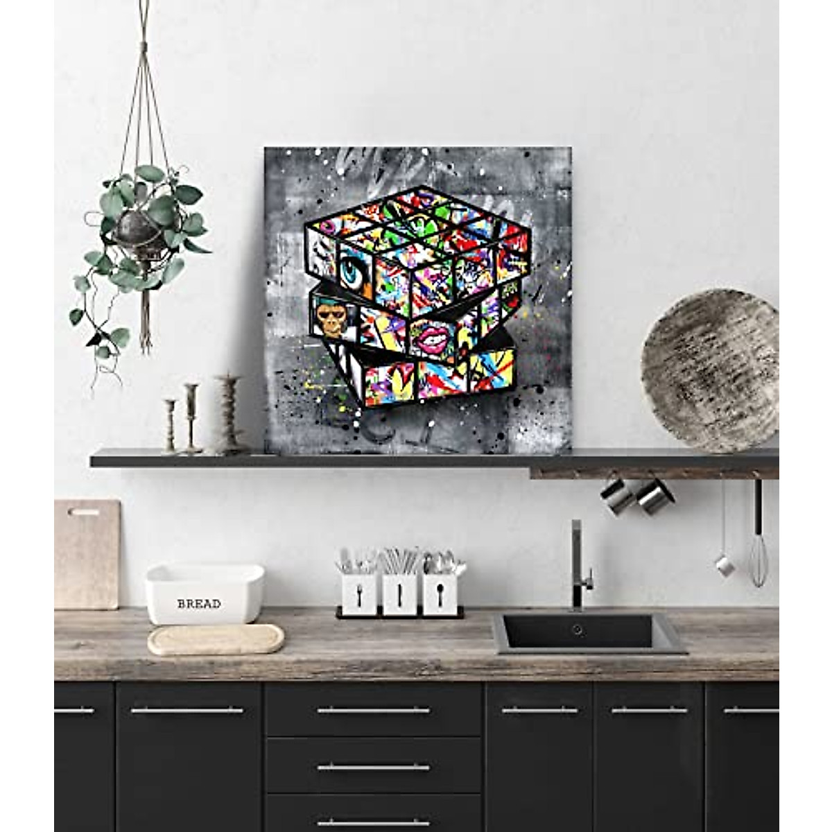 SIXTTART Banksy Canvas Wall-Art for Bedroom - Street Graffiti Wall Art - Abstract Painting Pop Art Wall Decor Modern Home Office Decor 14" W x 14" H Stretched and Framed Ready to Hang