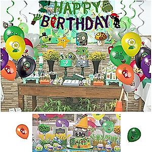 Plants Vs Play Game Zombies Party Kit -HAPPY BIRTHDAY Banner, Cake Topper, Cupcake Topper, Cup Cake Wrapper,Hanging Swirl,Balloon for Kid Gift PVSZ Birthday Party Supplies Decoration,Room Decor,110PCS