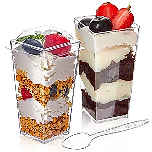 Qeirudu 50 Pack 3 oz Mini Square Dessert Cups with Lids and Spoons Clear Plastic Parfait Cups Mini Appetizer Shot Glasses for Individual Mousse Trifle Fruit Pudding