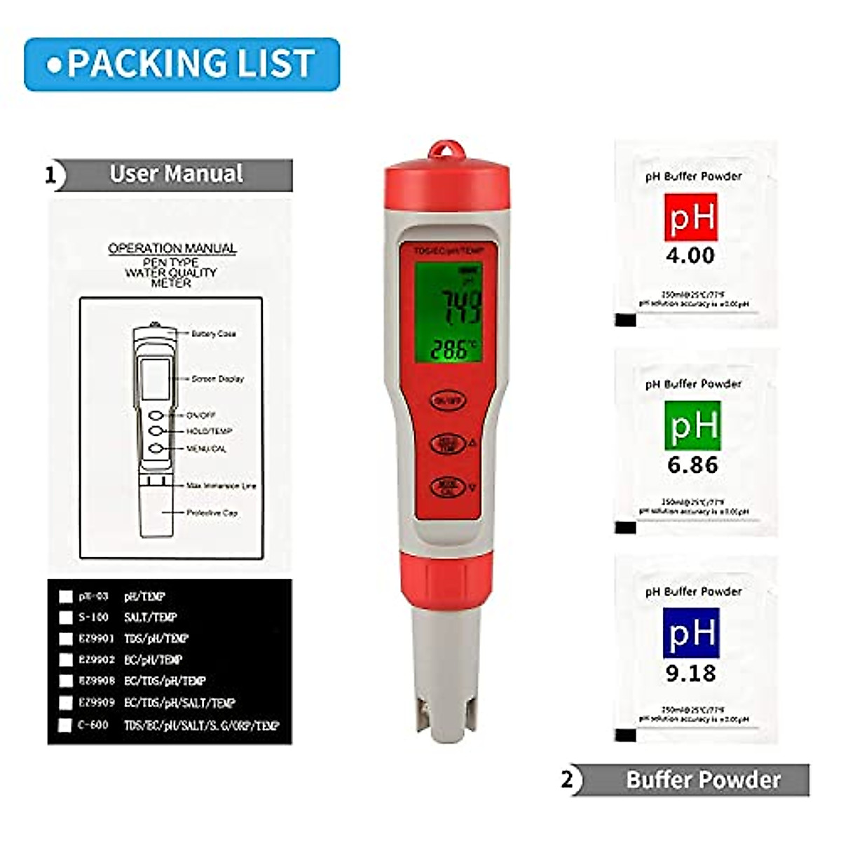 iPower pH Meter Digital 4-in-1 TDS/EC/Temp Water Tester for Pools, Ponds, Lab, Aquariums with Backlight, 2-Pack