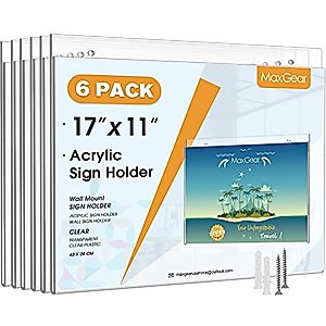 MaxGear Acrylic Sign Holder 11 x 17 inches Wall Mount Sign Holder with Screws Clear Plastic Wall Sign Holder Acrylic Frame for Office, Home, Store, Restaurant, Landscape, 6 Pack