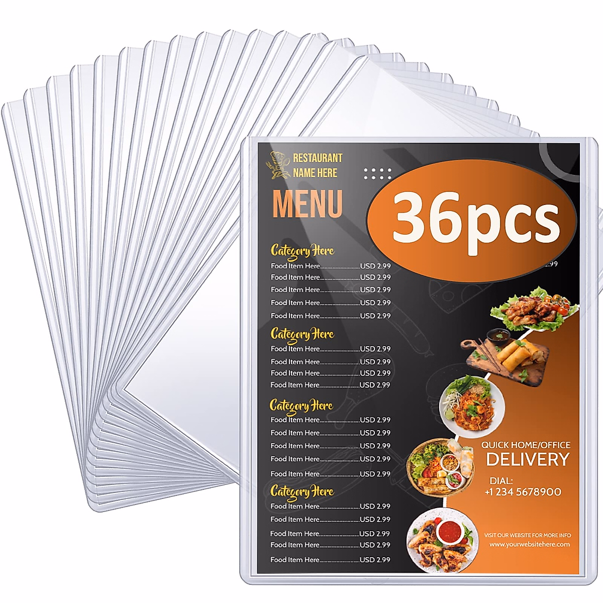 Menu Covers 8.5 x 11, 36 Pack, 2 View Restaurant Menu Covers, All Clear Vinyl Menu Sleeves, Menu Holder, Top-Loading