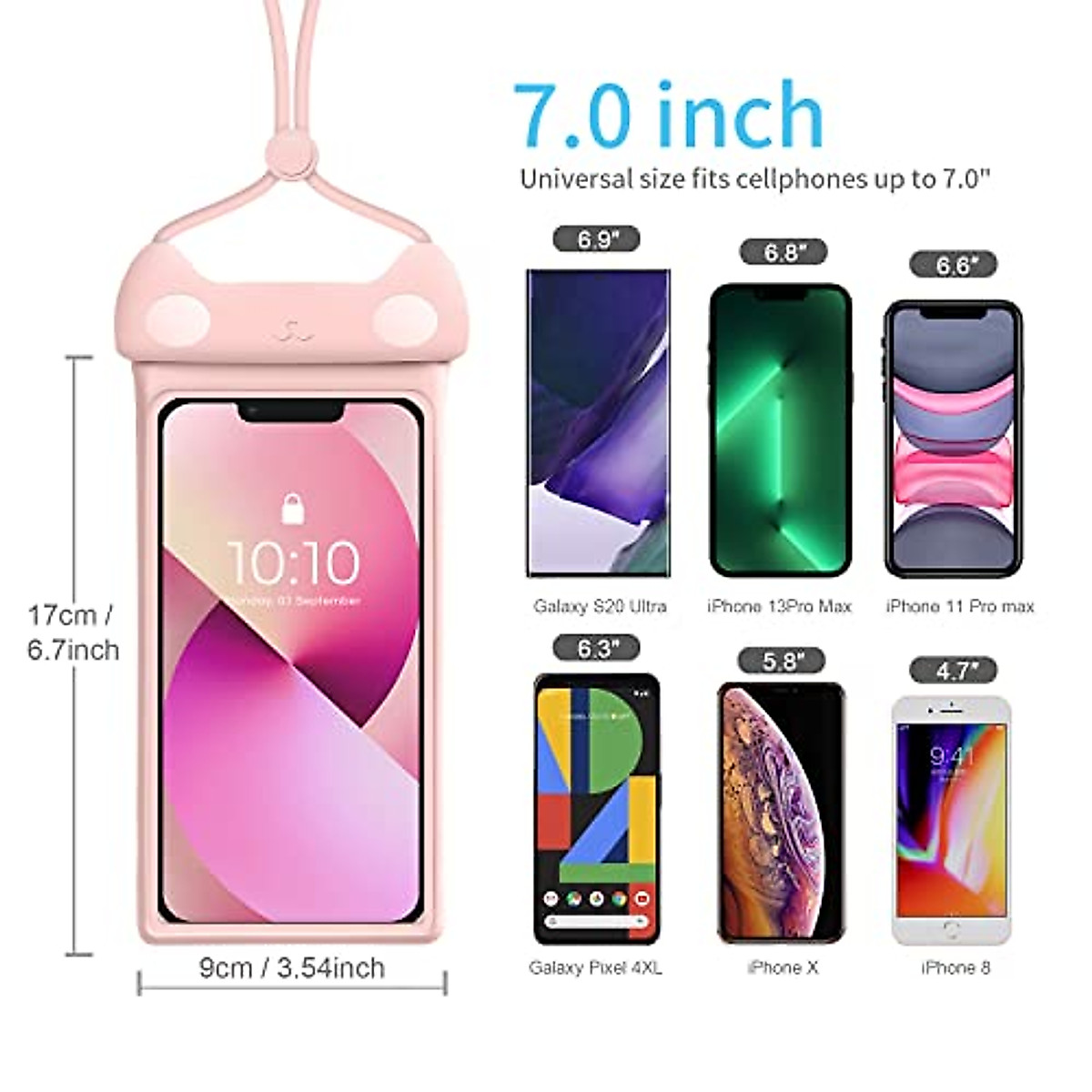 2 Pack Lovely Waterproof Phone Pouch with Lanyard Cell Phone IP8X Diving Outdoor Beach Underwater Up to 7.0" Universal Phone Case Dry Bag 3D Seamless HD TPU Dustproof Touch for iPhone Meow Pink Blue