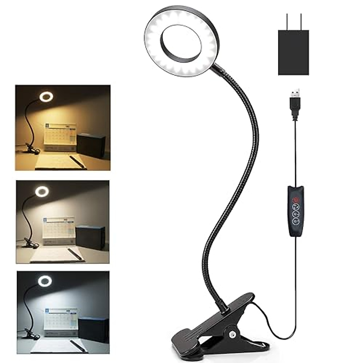 Lypumso Desk Lamp with Adapter, LED Reading Lamp Clip on Light, 3 Color Modes 10 Dimmable Brightness, Perfect Clamp Lamp for Home Office Studying Working Makeup Craft