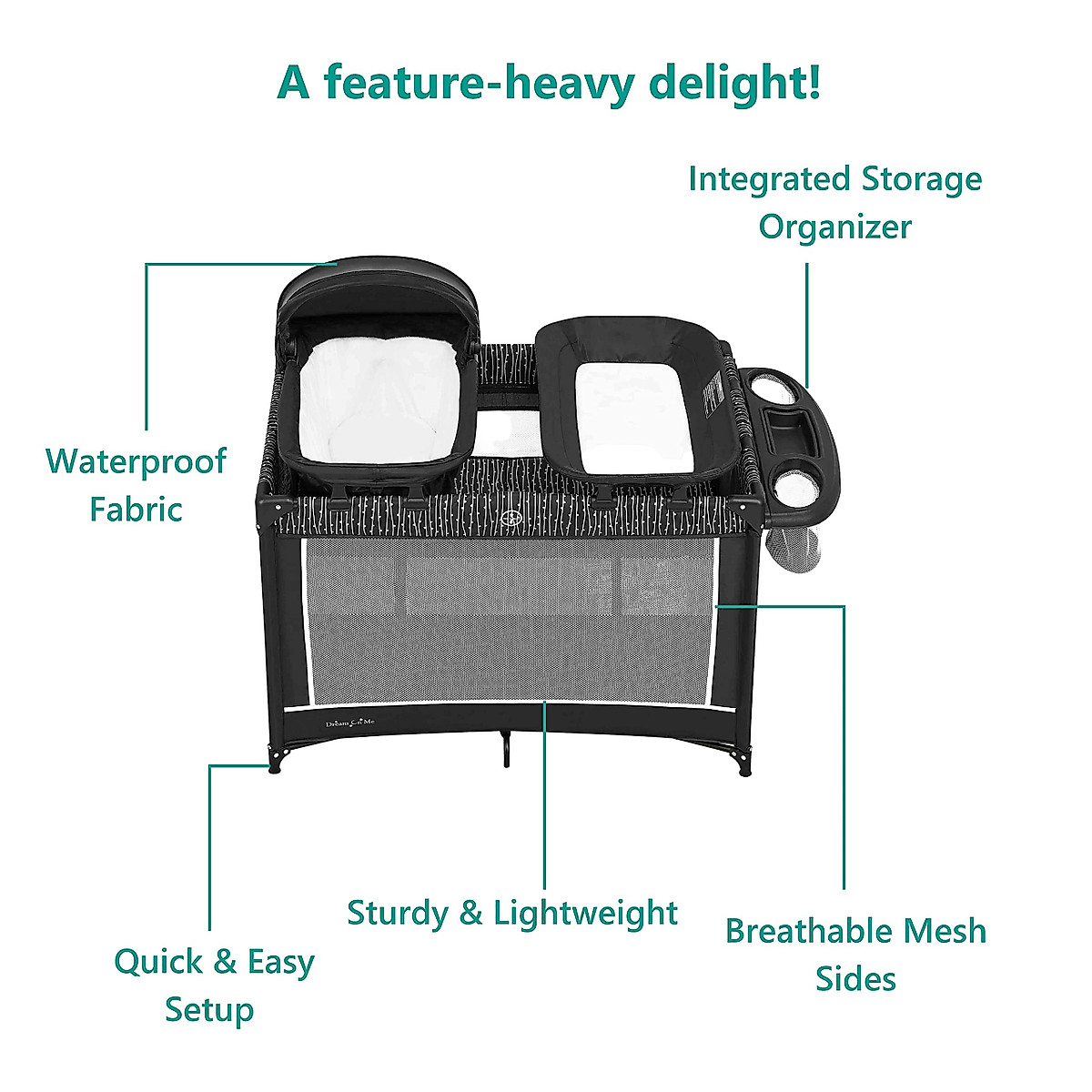 Dream On Me Lilly Deluxe-Playard in Black & White with Full Bassinet, Changing Tray and Infant Bassinet | with Canopy | Waterproof Fabric | JPMA Certified | Lightweight