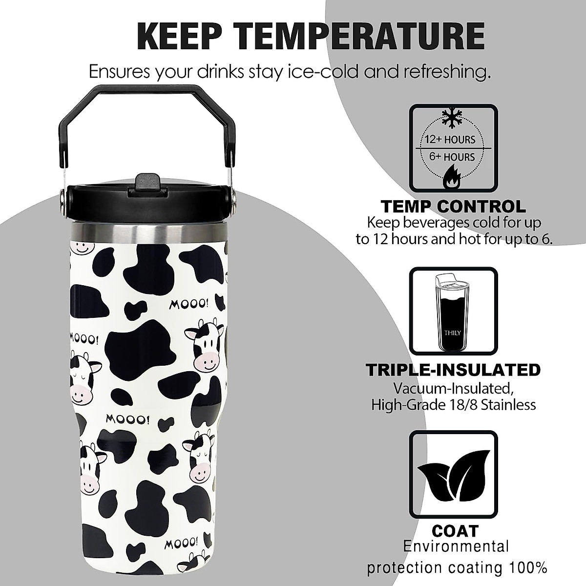 Cute Cow Tumbler with Handle and Straw, Stainless Steel Vacuum Insulated Flip Straw 30 oz Cow Tumbler Spill Proof Coffee Travel Mug Cow Gifts for Women