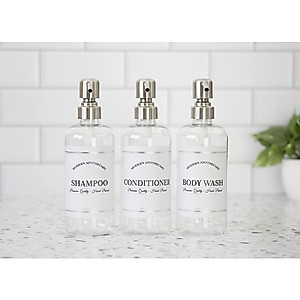 Clear Refillable Shampoo and Conditioner Bottles - Body Wash, Shampoo and Conditioner Dispenser - PET Plastic Shampoo Bottles Refillable with Pump - Waterproof Labels - 16 oz, 3 Pack (Stainless Steel)
