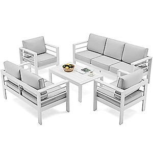 UDPATIO Oversized Aluminum Patio Furniture Set, Modern Metal Outdoor Patio Conversation Sets, Patio Sectional Sofa w/ 5 Inch Cushion Coffee Table for Poolside, Deck, White (Include 4 Sofa Covers)