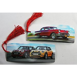 2 Bookmarks - 3D Lenticular - AUTOS - Vintage Chevy and Mini Coopers with Tassles
