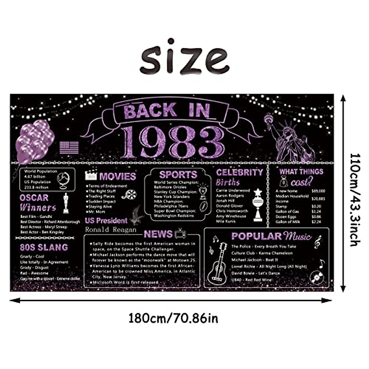 DARUNAXY Purple 40th Birthday Party Decorations, Back in 1983 Banner Cheer to 40 Years Old Birthday Photography Background Vintage 1983 Poster Backdrop for Girls 40th Class Reunion Party Supplies