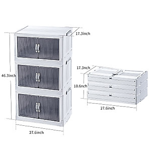 JOYBOS 3 Pack Stackable Storage Bins with Lids and Doors and Wheels -32 Gal Plastic Storage Bins,White Closet Organizers and Storage,Dual Open Doors Collapsible Storage Bins for Home and Office