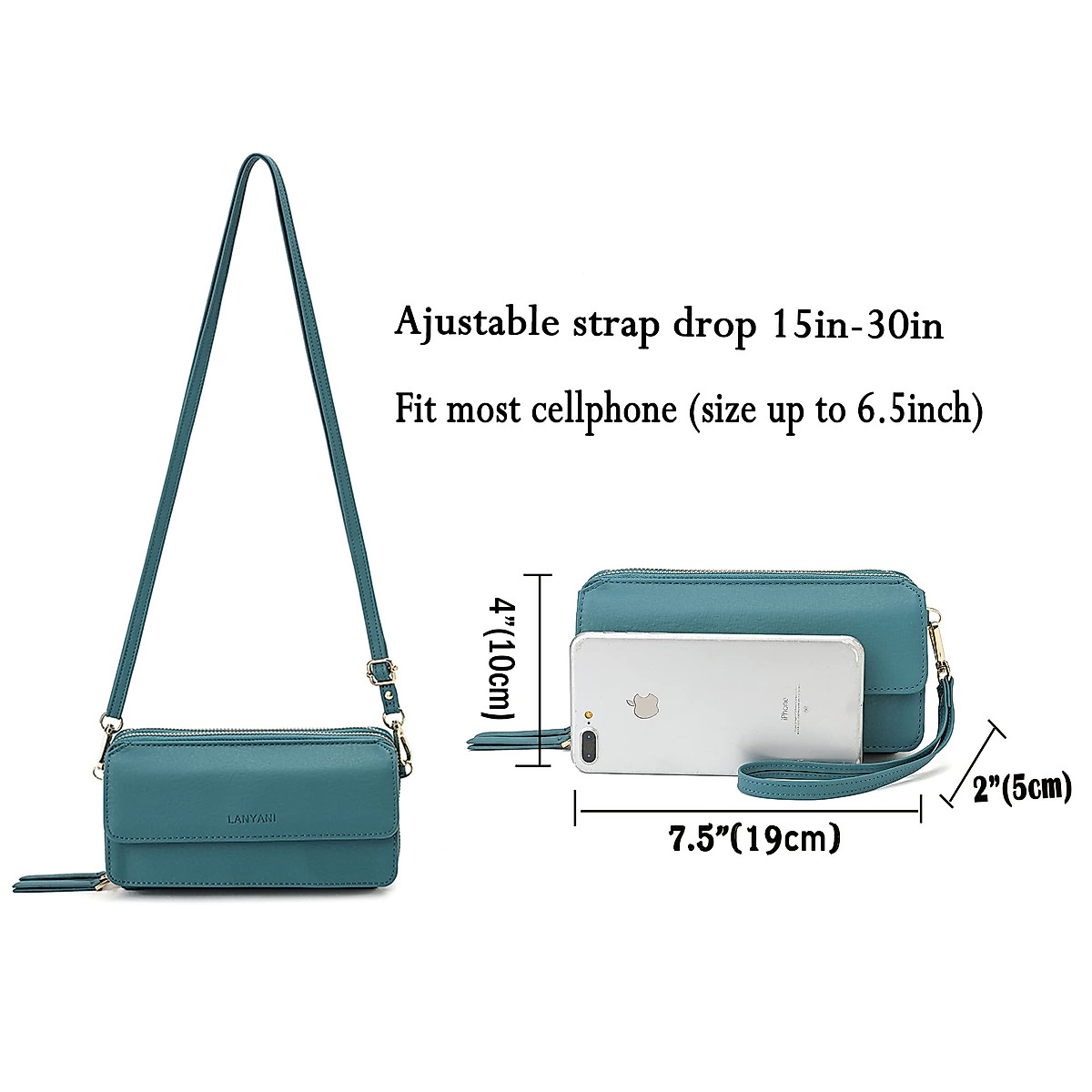 Women Crossbody Wallet Purse, Small Phone Bag With Shoulder Strap, Ladies RFID Wristlet Cross Body Mini Handbag Lightweight Turquoise Fabric
