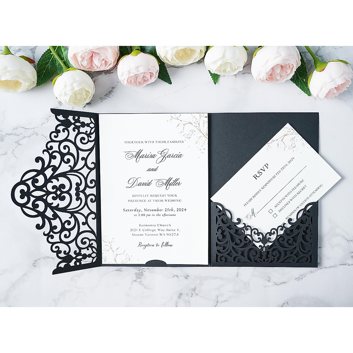 ponatia 20PCS Black Laser Cut Wedding Invitations Pockets, Tri-fold 5x7 Laser Cut Invitation Pockets for Wedding Bridal Shower Quinceanera 15 Anos Invite (No Envelopes & Inner Sheets)
