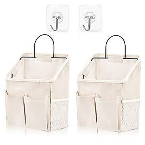 Wall Hanging Storage Basket Bag with Free Hooks,Bedside Storage Caddy,Dorm Room Essentials(2PC,White)