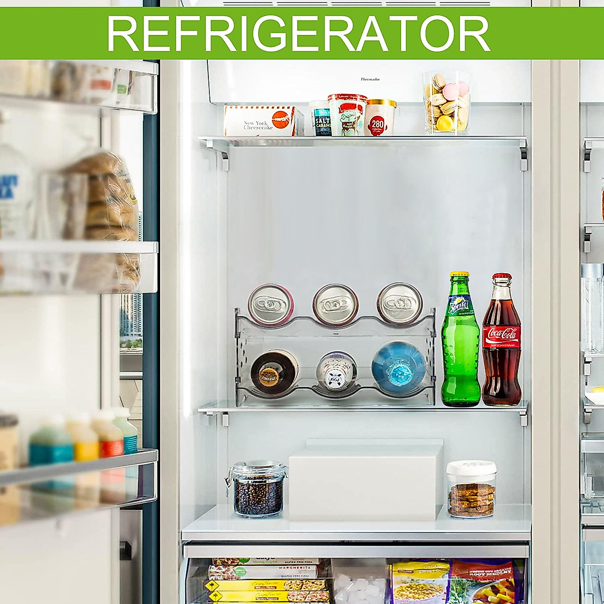 Stackable Bottle Rack Organizer for Refridgerator, Stackable Canned Food Pop Cans Container Water Tumbler for Fridge Pantry Rack Freezer, Clear Plastic Storage Bins,Holds 6-12 Long Bottles Cans Each