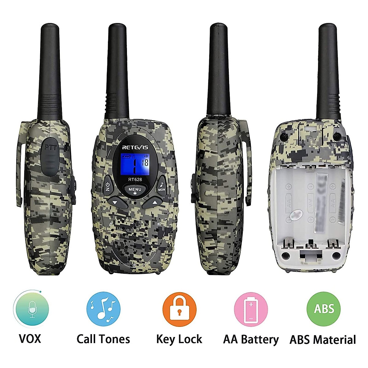 Retevis RT628 Kids Walkie Talkies,Army Toys for 6-12 Year Old Boys Girls,FRS Walky Talky with Key Lock,Gift for Outdoor Adventure Camping Hunt Trip(2 Pack,Camo)