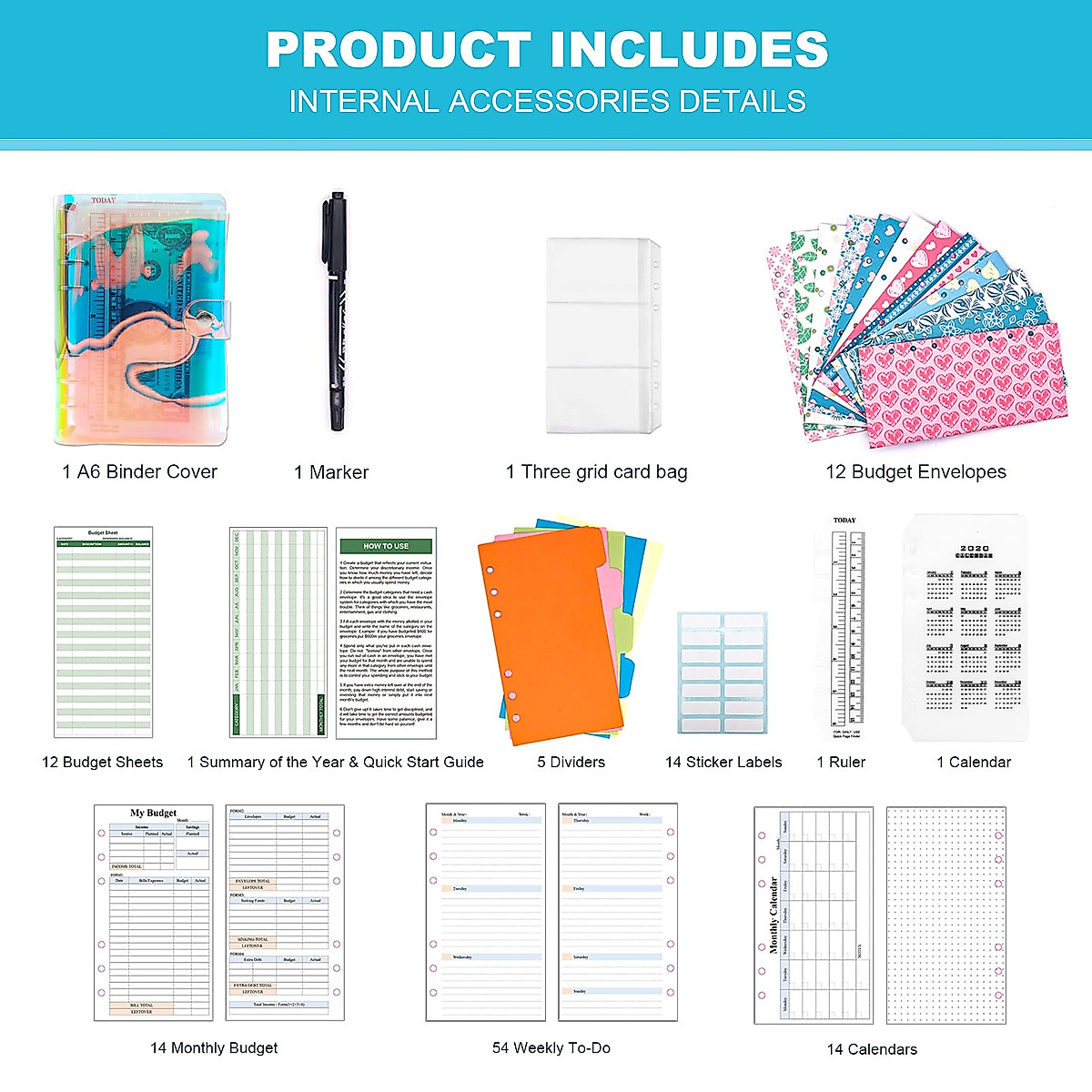 PVC Cash Envelopes Wallet Finances Organizer, 2023 Weekly & Monthly Personal Budget Planner, 6-Ring Binder Refillable Notebook Handbag with 12 Cash Envelopes & Budget Sheets Calendar