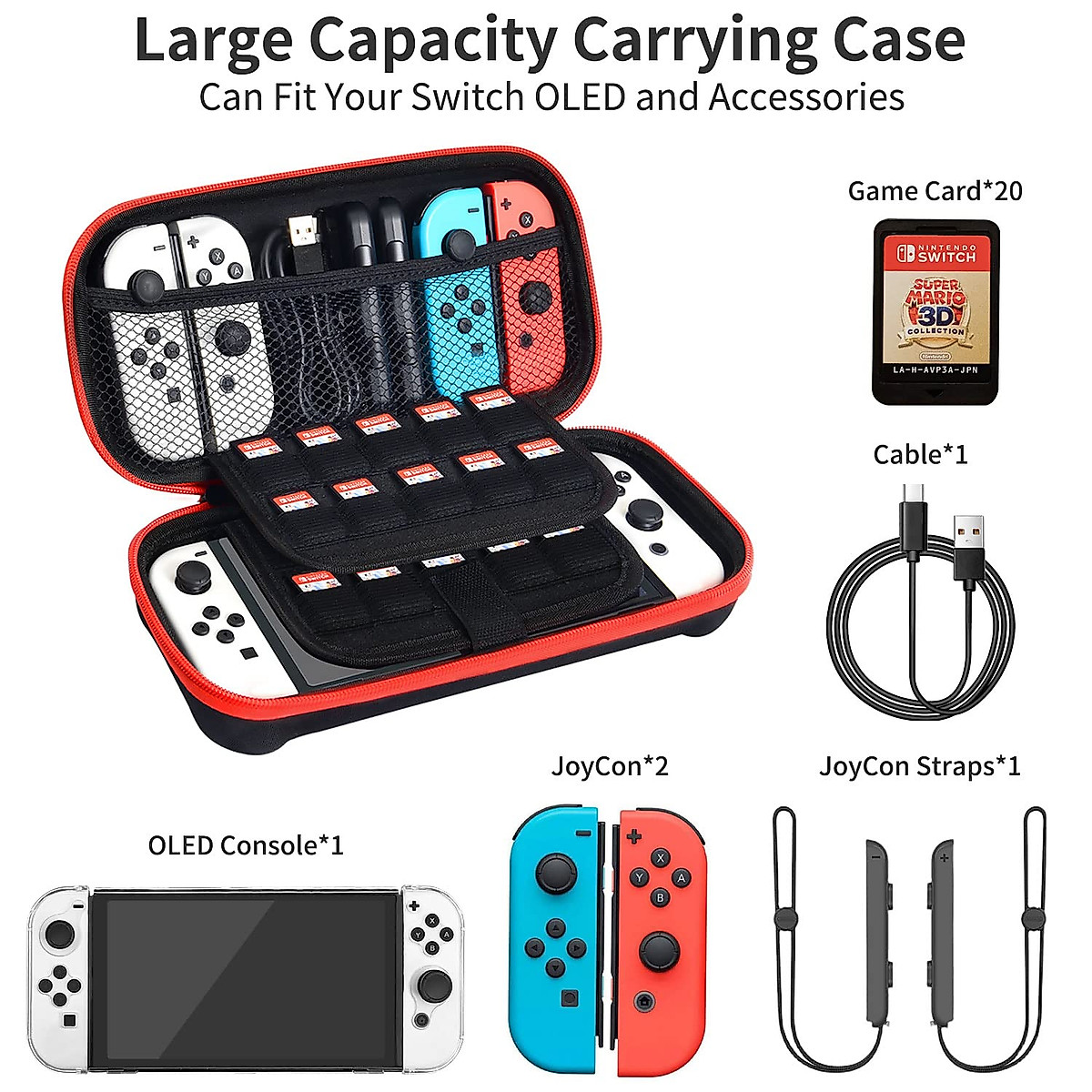 JAOYSTII Carry Case for Nintendo Switch OLED Model 2021, Accessories Kit with Clear Cover, Screen Protector, Thumb Grip Caps & More, Suitable for Travel and Home Storage
