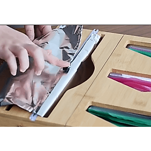 Foil and Plastic Wrap Organizer, Ziplock Organizer for Drawer Suitable for Gallon, Quart, Sandwich and Snack Bag, Plastic Wrap Dispenser with Cutter for Cling Film, Aluminum Foil(12" Kitchen Rolls)