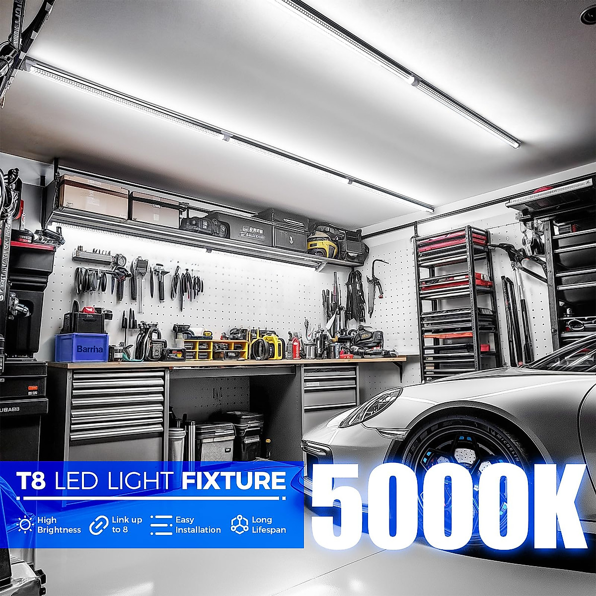 Barrina LED Shop Light, 3Ft 30W 4600LM 5000K, Daylight White Hight Output Linkable for Workshop, V Shaped Clear Cover T8 LED Shop Lights for Garage, 3 Foot (Pack of 6)