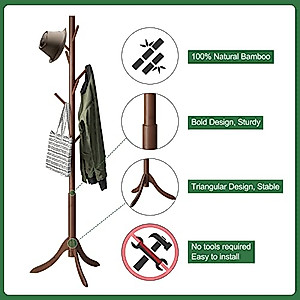 kiplant Bamboo Wood Coat Rack Stand, Freestanding Coat Tree with 8 Hooks, Hallway Entryway Hat Hanger Organizer Standing for Bedroom, Office, Clothes, Jackets, Bags, Umbrallas