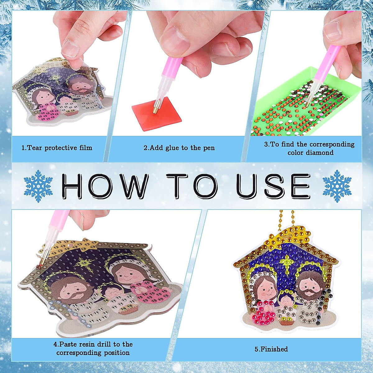 Whaline 15Pcs Christmas 5D Diamond Drawing Keychain Kit DIY Handmade Nativity Angel Diamond Drawing Pendent Rhinestone Mosaic Making Full Drill Diamond Art Ornaments Key Chain for Kids Crafts