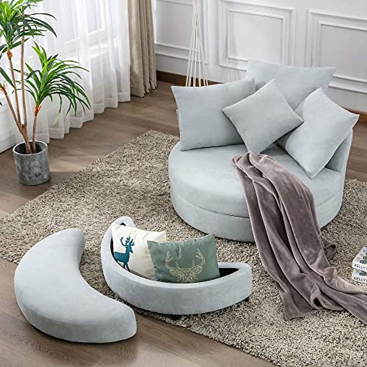 HOMVET 360° Swivel Accent Barrel Chair with Storage Ottoman & 4 Pillows, Modern Linen Leisure Chair Round Accent for Living Room,Beacon Grey