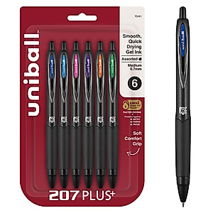uni-ball 207 Plus+ Retractable Gel Pens 6 Pack in Assorted Colors with 0.7mm Medium Point Pen Tips - Uni-Super Ink+ is Smooth, Vibrant, and Protects Against Water, Fading, and Fraud