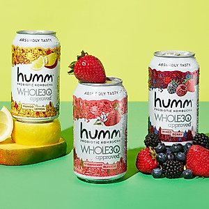Humm Whole30 Approved Kombucha Variety Pack - Mango Lemon, Mixed Berry, Strawberry Blossom - Organic, Vegan & GMO-Free (12 Pack)
