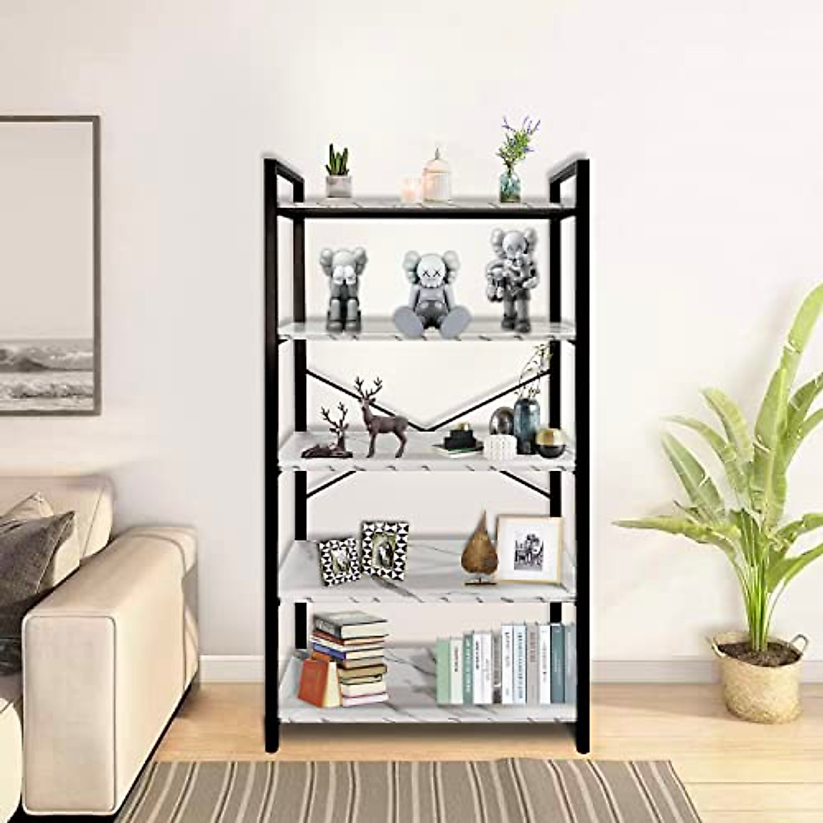 AT-VALY Modern Bookshelf,5-Tier Bookcase MDF Shelving Unit and Metal Frame,Etagere Bookcase for Home Office,Living Room (Black)