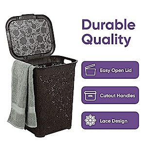 Laundry Hamper With Lid Lace Design 50 Liter - Brown Laundry Hamper Basket With Cutout Handles, Rectangular Shape Modern Style Bin - Dirty Cloths Storage. By Superio
