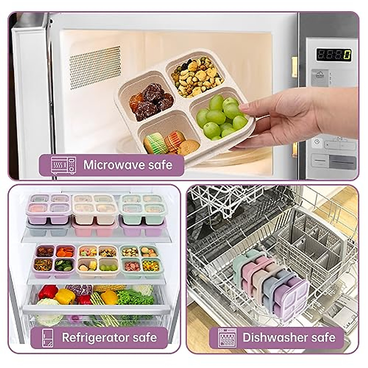 rngwaper 5 Pack Bento Lunch Box，4 Compartment Snack Containers，Divided Bento Snack Box，Meal Prep, Lunch Box Kids/Toddle/Adults,Food Storage Containers for School, Work and Travel (Multicolor-1)