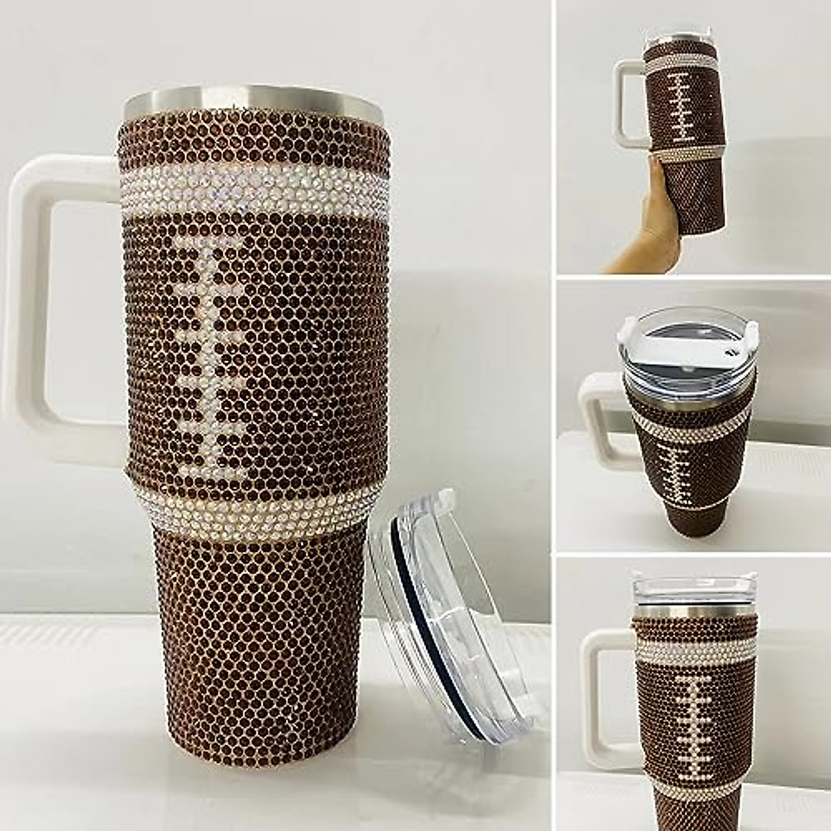 MYHOBBY Crystal 40 Oz Tumbler with Handle,Football Stainless Steel Water Bottle Double Wall Insulated Travel Mug,Good Gift For Ball Game Lover,Brown