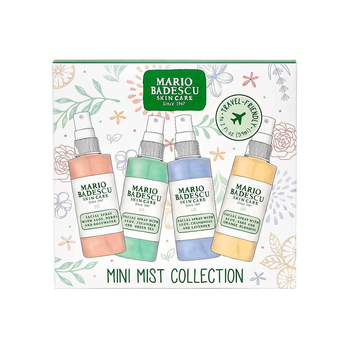 Mario Badescu Mini Mist Facial Spray Collection with Rose Water, Cucumber, Lavender and Orange Blossom, Multi-Purpose Cooling and Hydrating Face Mist for All Skin Types, 2 Fl Oz (Pack of 4)
