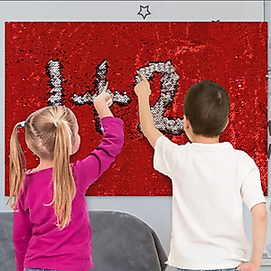 ROMANKAS Red Silver Sequin Fabric Sensory Wall Reversible Glitter Fabric by The Yard Shimmer Graffiti Fabric for Kids Flip Up Sequins Sensory Fabric Changing Color Fabric for Gowns Dress Clothing