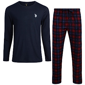 U.S. Polo Assn. Men's Pajama Set - 2 Piece Long Sleeve T-Shirt and Fleece Lounge Pants, Gift Box, Size Medium, Sky Captain
