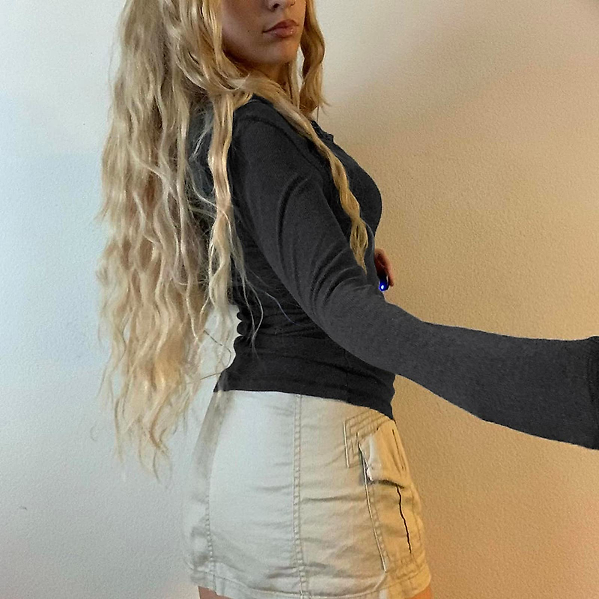 Grunge Clothes for Women Y2K Tops Long Sleeve Fairy Grunge Aesthetic Shirts Teen Girls Vintage Graphic Tees Fall (Solid Button Neck Black, L)