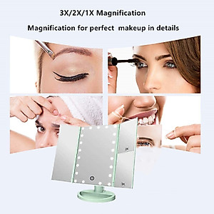 Flymiro Tri-fold Lighted Vanity Makeup Mirror with 3x/2x Magnification,21 LEDs Light and Touch Screen,180 Degree Free Rotation Countertop Cosmetic Mirror,Travel (Green)