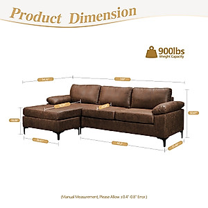 XIZZI 100" Mid Century Modern Sectional Sofa Couch,L Shaped Suede Fabric Couch for Living Room,Comfy 3 Seat Reversible Chaise Corner Couch for Apartment Office (Dark Brown)