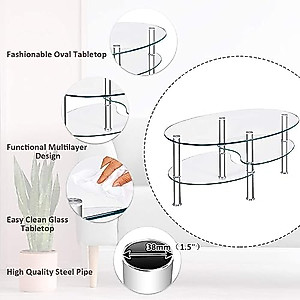 Glass Coffee Table, 3-Tier Oval-Shaped Glass Tea Table Modern Smooth Tea Table w/Spacious Glass Desk-Top Boards & Sturdy Chrome Plated Legs Home Office Reception