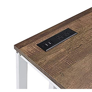 Knocbel 47in Contemporary Computer Desk with Built-in USB Port and Sockets, Home Office Workstation Writing Table with Metal Frame (Walnut and White)