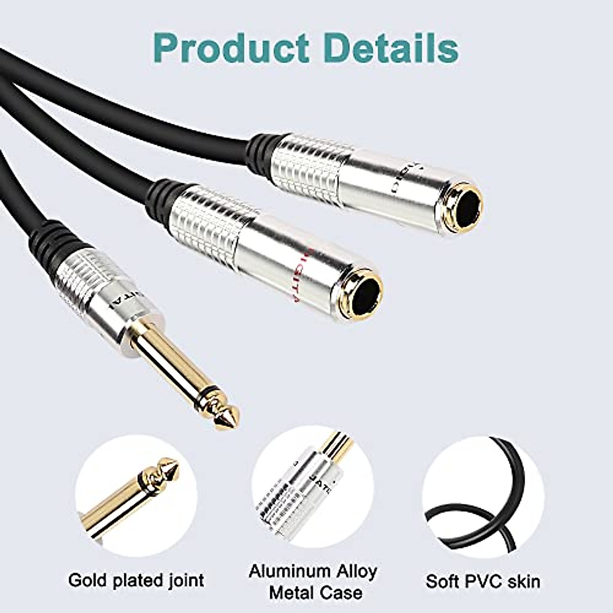 XMSJSIY 6.35mm TS Guitar Signal Audio Y Splitter Cable, 1/4" Male to Dual Mono 1/4" Female Adapter with Gold-Plated OFC HiFi TS Speaker Headphone Extension Cable-0.5M/1.6FT