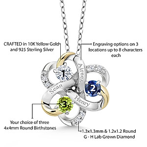 Gem Stone King Build Your Own Personalized and Customized 3-Stone Gemstone Birthstones Engraved 925 Sterling Silver and 10K Yellow Gold Lab Grown Diamond Pendant Necklace For Women with 18-Inch Chain