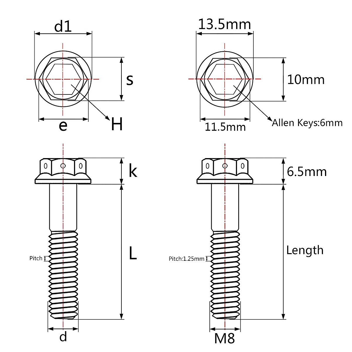 Wanyifa Titanium Flange Hex Head Bolt M8 15 20 25 30 35 40 45 50 55 60mm Screws Pack of 4 (M8x40mm, Silver)