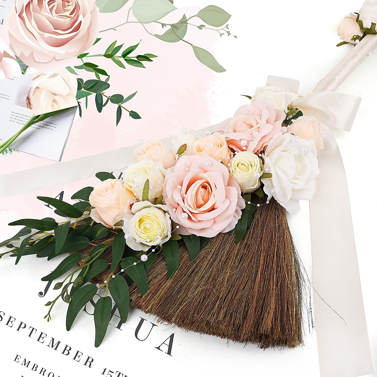 LORDLDS Wedding Broom DIY Jumping Broom for Wedding Ceremony 28 inch Tall Whisk Broom with Artificial Roses/Green Leaves/Ribbons/Pearl