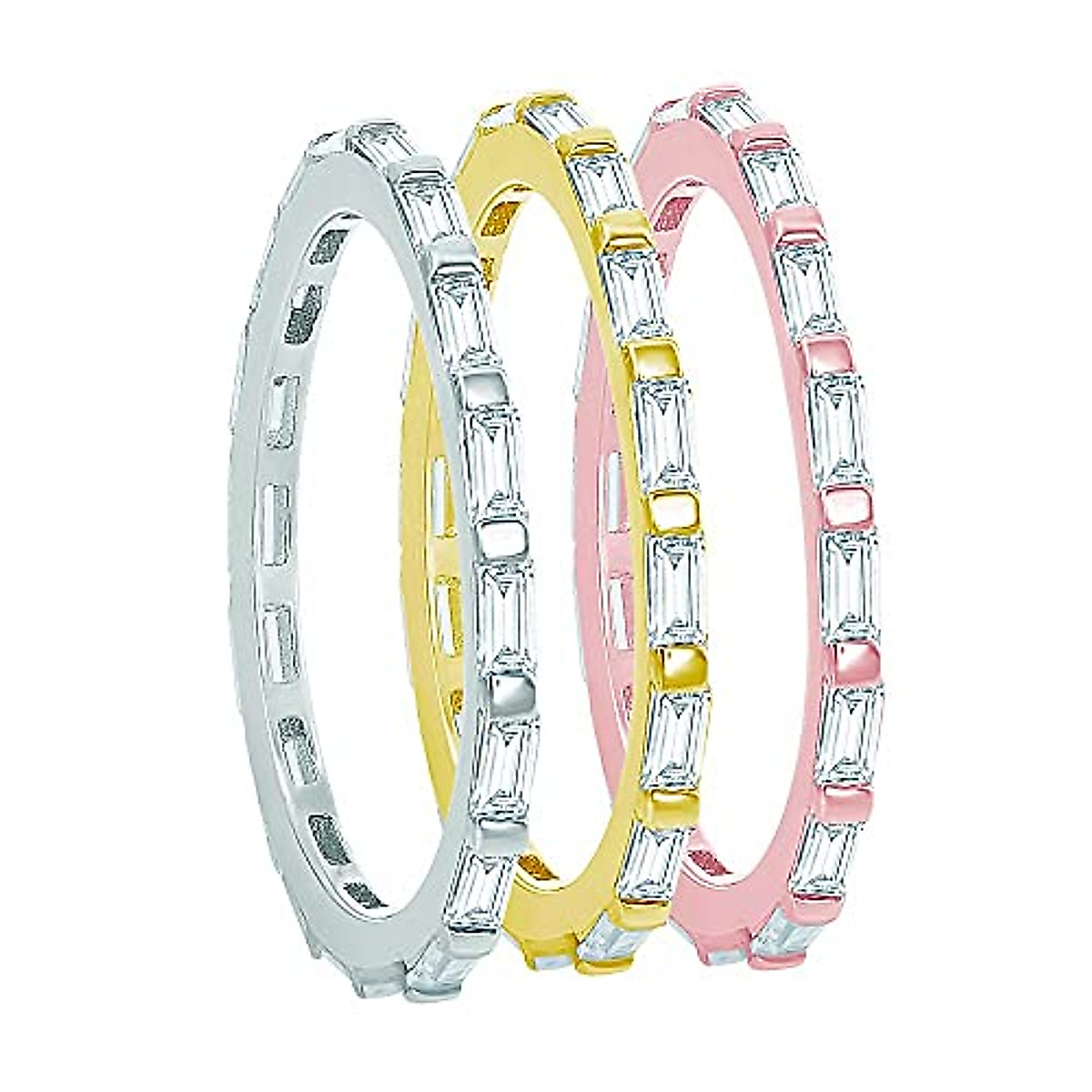 iJewelry2 Tri-color Sterling Silver Baguette CZ Beaded Eternity Triple Band Ring