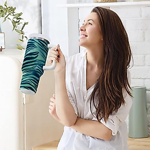 Burbuja Blue Green Zebra Skin 40oz Insulated Tumblers with Handle and Straw Lid, Double Wall Stainless Steel Travel Mug Leak-Proof, BPA Free, Gift for Mom Dad