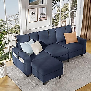 Tornama 80" L Shaped Sectional Sofas 3 Seater Couch with Reversible Ottoman Modern Linen Fabric Small Sectional Couch for Living Room, Apartment, Small Space, Blue