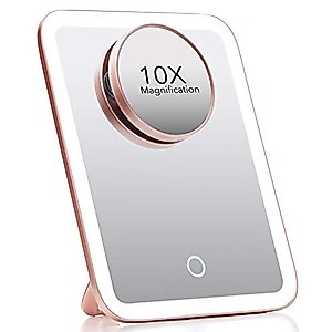 Fancii Portable LED Makeup Mirror with 3 Adjustable Light Settings, 1x Large Mirror & Detachable 10x Magnifying Mirror - Cordless Mirror for Travel, 360° Kickstand - Aura Go (Rose Gold)